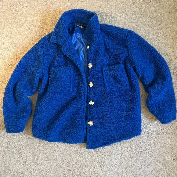 SHEIN | Jackets & Coats | Shein Cobalt Blue Teddy Jacket Silver Buttons ...